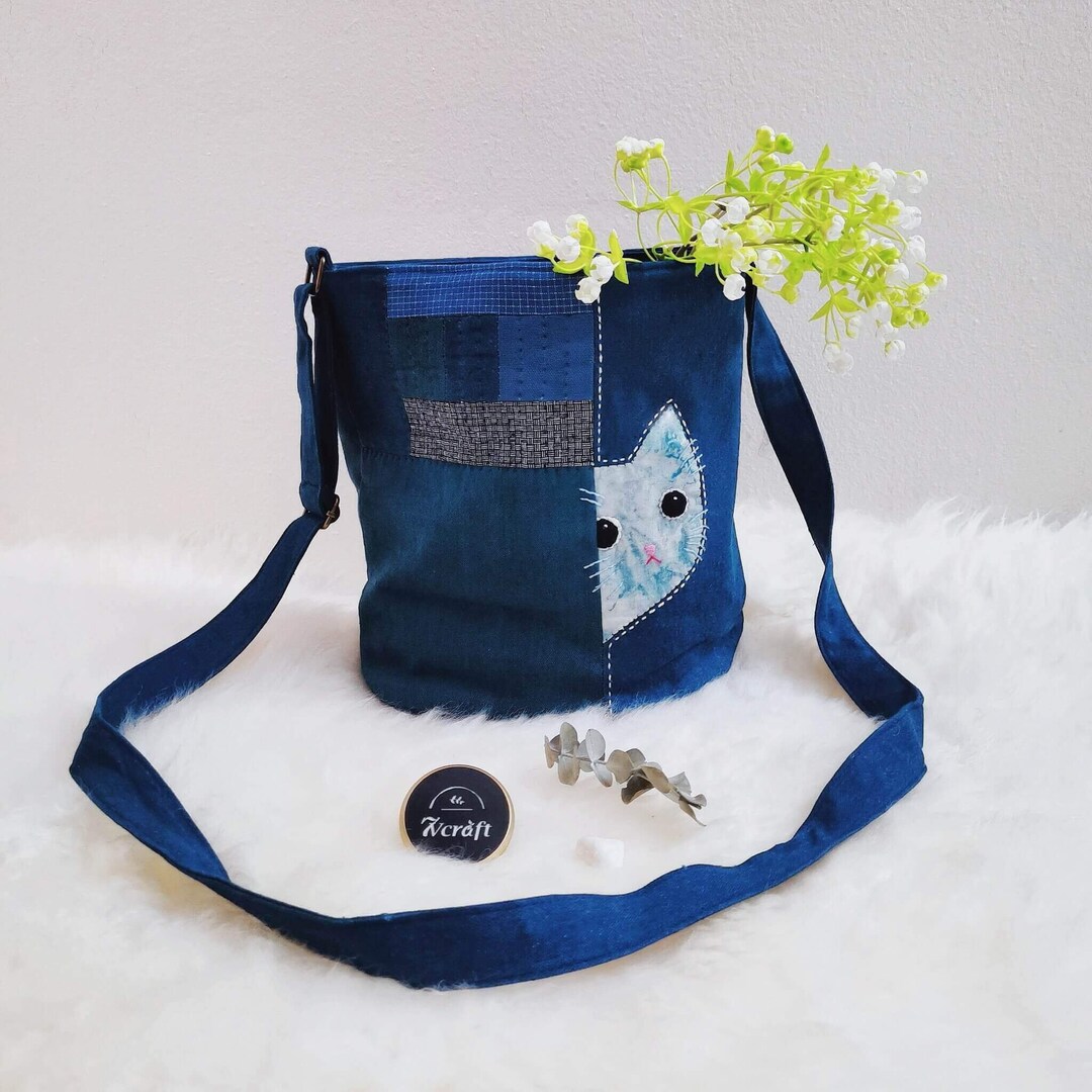 Quilted Patchwork Cat Shoulder Bag, Boro Sashiko Bucket Bag, Shibori ...