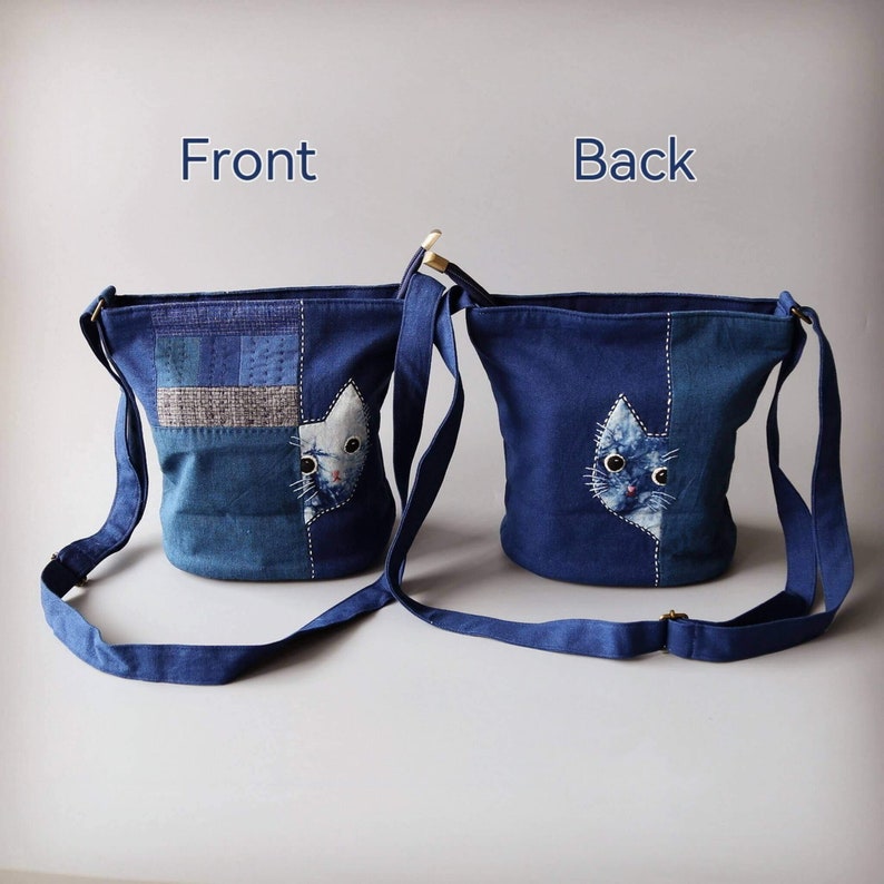 Quilted Patchwork Cat Shoulder Bag, Boro Sashiko Bucket Bag, Shibori ...