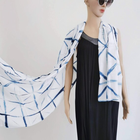 Shibori Hand Dyed Scarf Blue and White Tie Dye Scarf Boho Shawl Wrap Natural Plant Dyed Spring Summer Scarves 27 x86 Rayon Cotton Etsy
