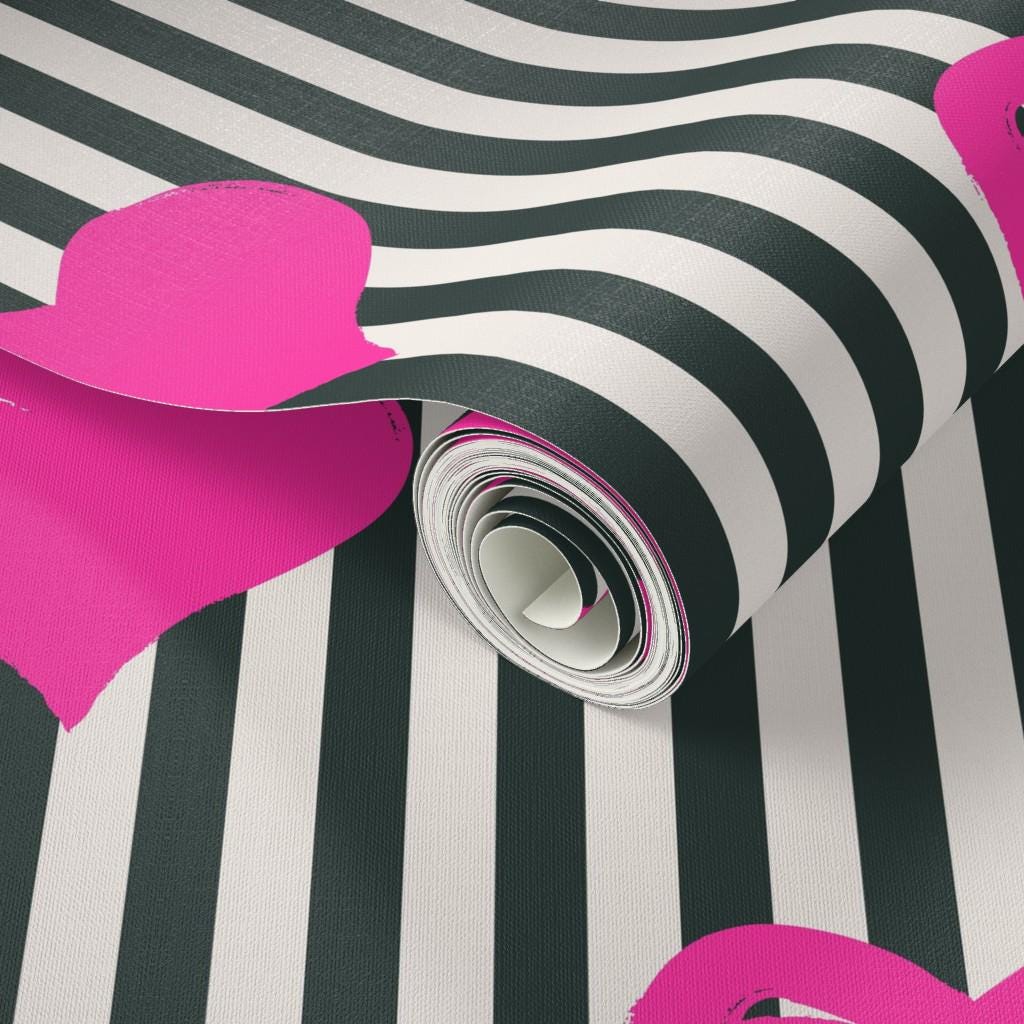 Preppy Heart Stripe Wallpaper: Hot Pink Accent Wall, Removable - Etsy