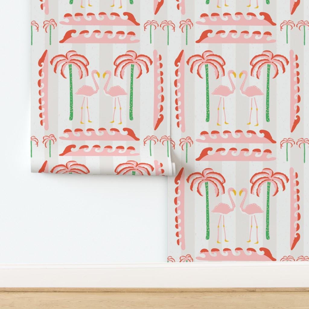 Preppy Flamingo Wallpaper: Pink Palm Trees, Removable Peel and Stick - Etsy