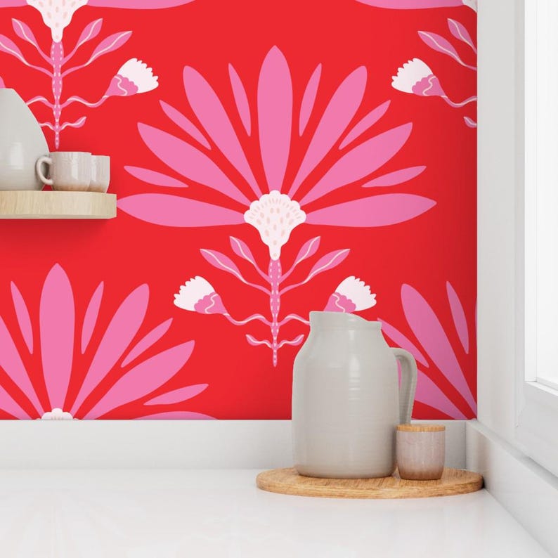 Art Deco Floral Wallpaper - Pink & Red, Removable Peel and Stick - Etsy