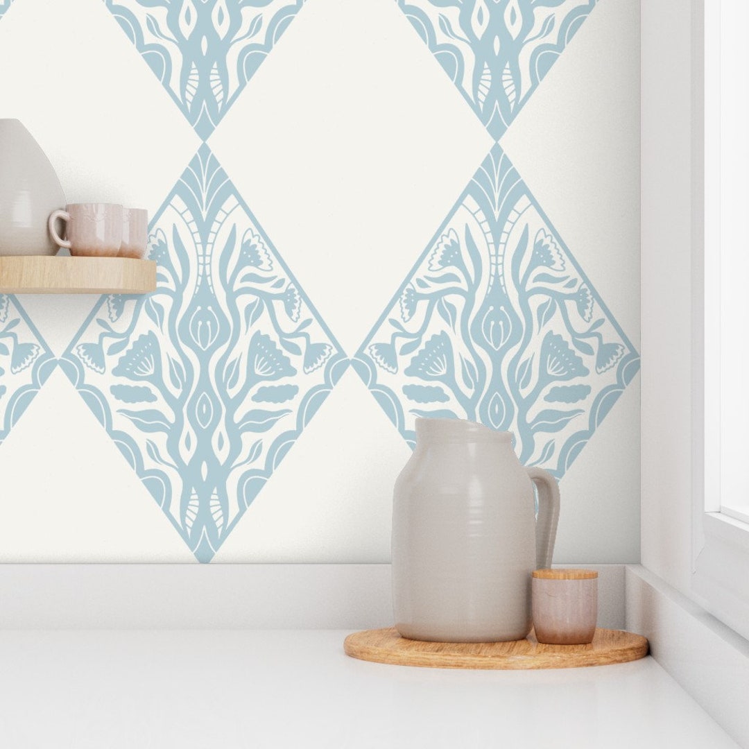 Art Deco Removable Wallpaper, Pastel Blue Floral Diamond Pattern - Etsy