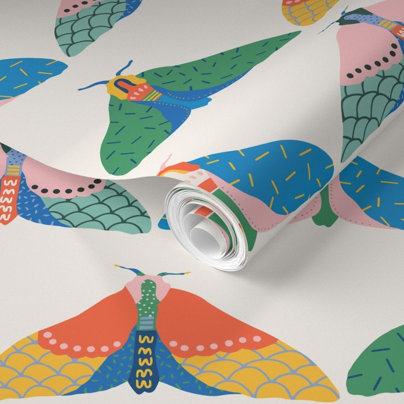 Funky Moth Wallpaper, Rainbow Moths Wallpaper, Kids Playroom Wallpaper ...