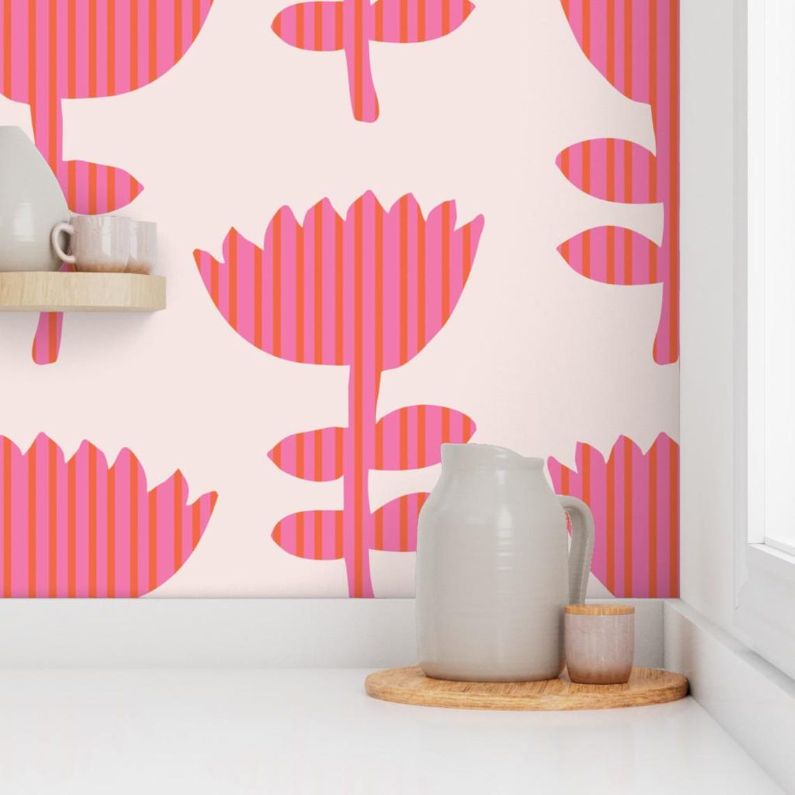 Pink Floral Wallpaper, Funky Striped Flowers, Removable Wallpaper - Etsy