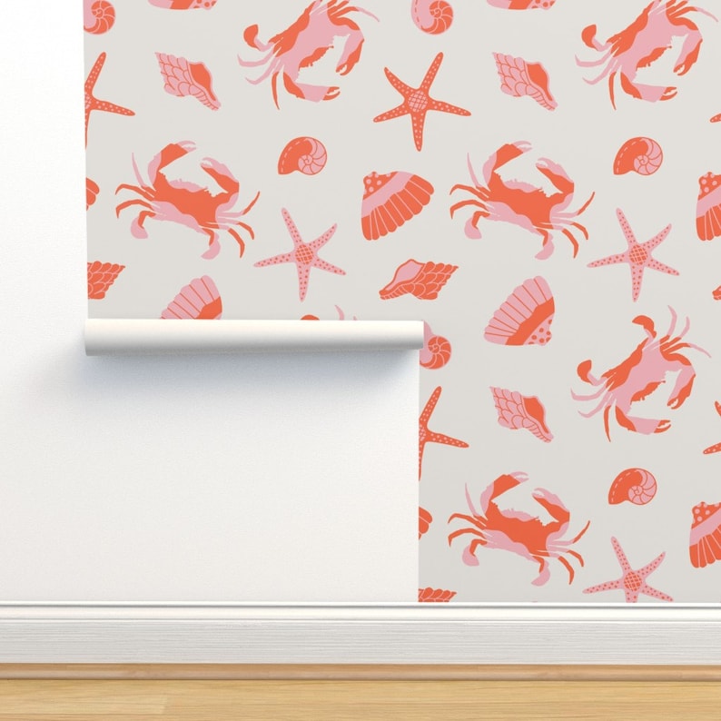 Crab Removable Wallpaper, Colorful Seaside Pattern, Coastal Decor - Etsy