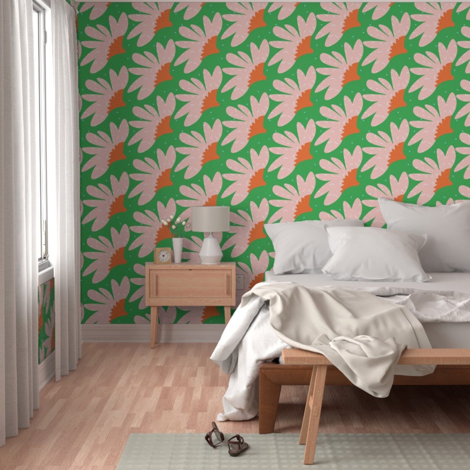 Funky Retro Floral Removable Wallpaper, Pink Flowers, Green Background ...