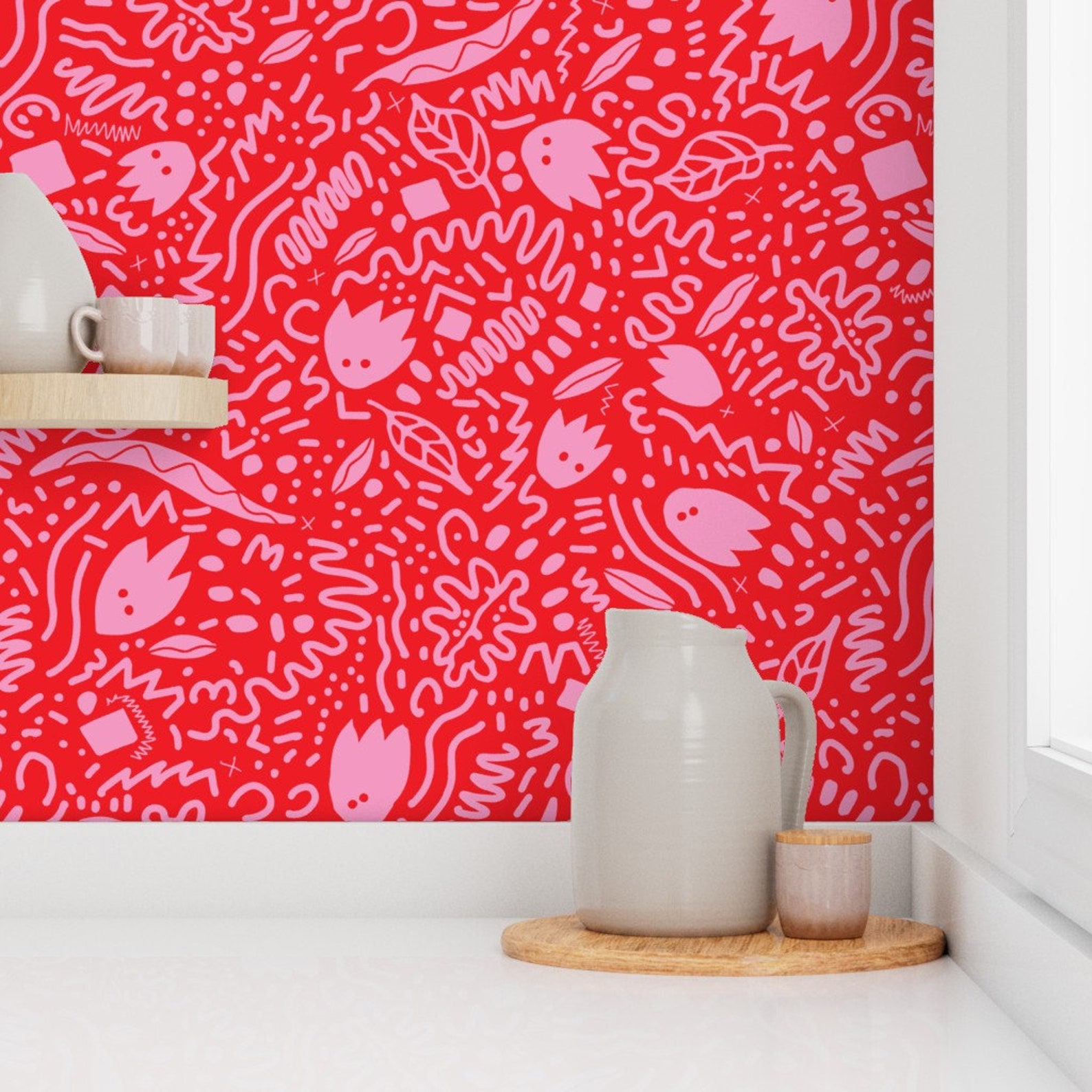 Happy Modern Kids Wallpaper, Kids Playroom Wallpaper in Red and Pink ...