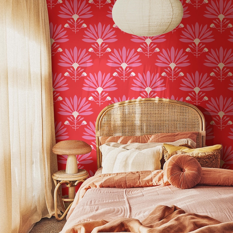 Art Deco Floral Wallpaper - Pink & Red, Removable Peel and Stick - Etsy