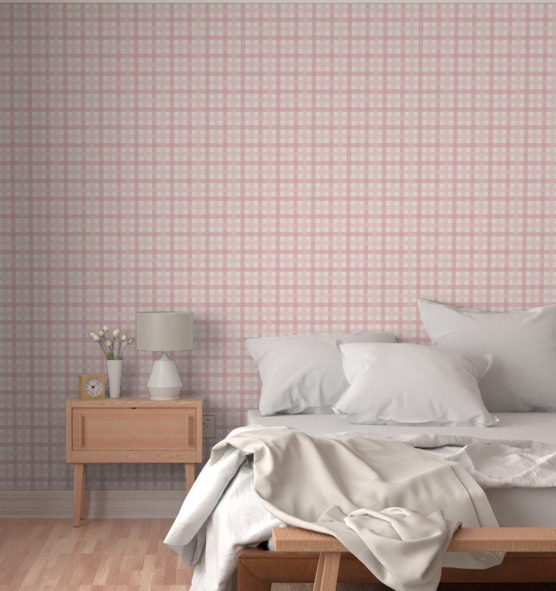 Pastel Pink Check Wallpaper, Gingham Wallpaper, Pink Wallpaper, Girls ...