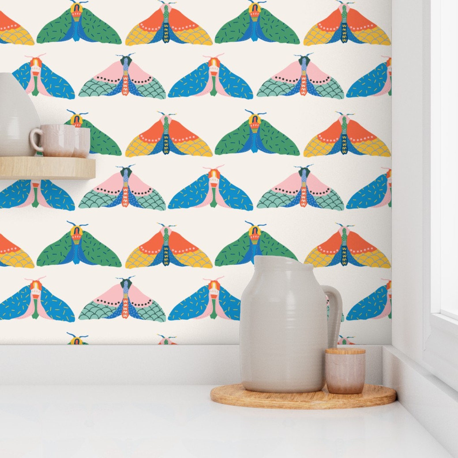 Funky Moth Wallpaper, Rainbow Moths Wallpaper, Kids Playroom Wallpaper ...