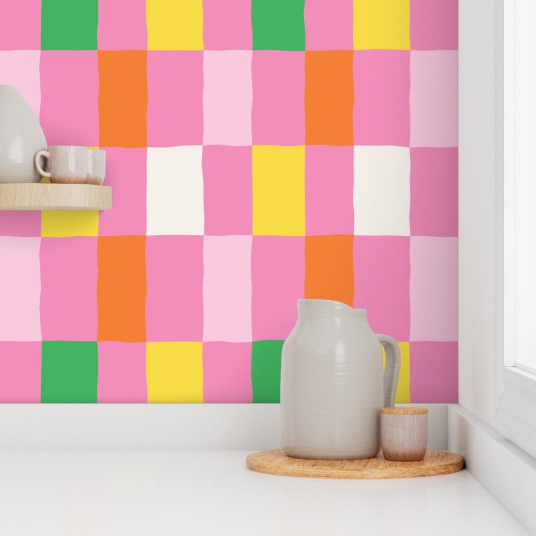 Pink Check Wallpaper, Colorful Wallpaper, Childrens Wallpaper ...