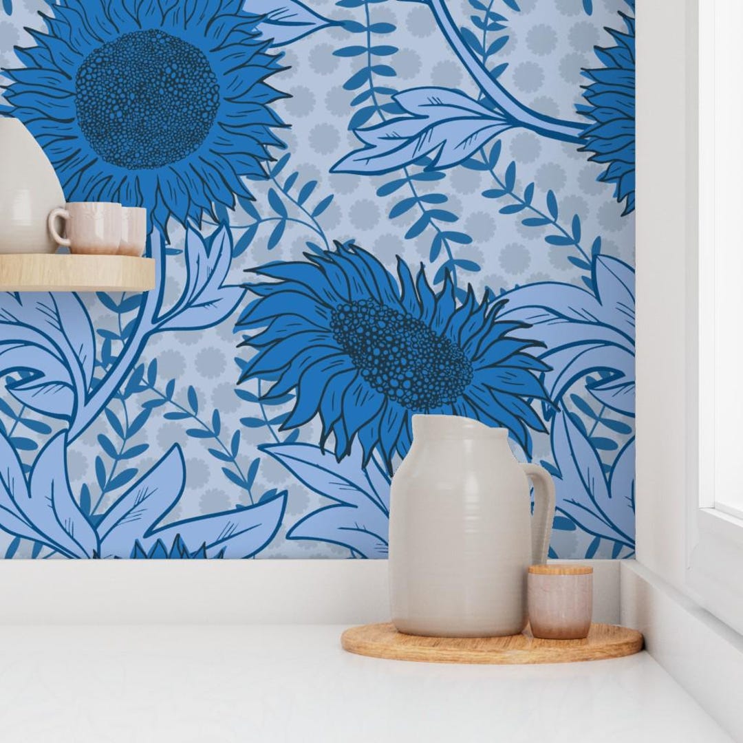 Monochromatic Blue Sunflower Wallpaper | Vintage Farmhouse Peel & Stick ...