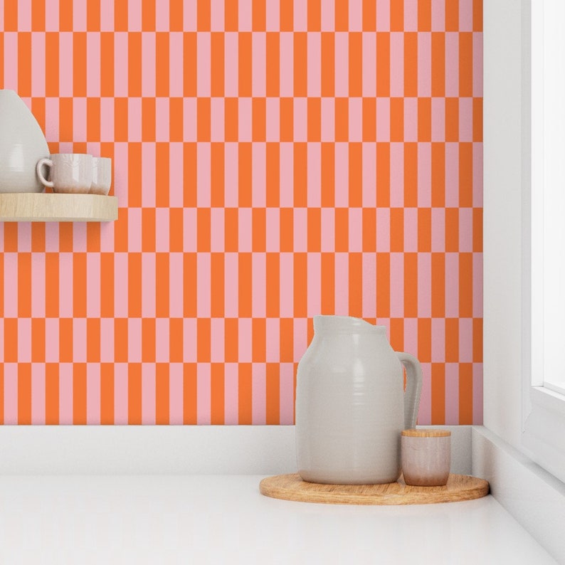 Pink Orange Striped Removable Wallpaper, Funky Colorblock - Etsy