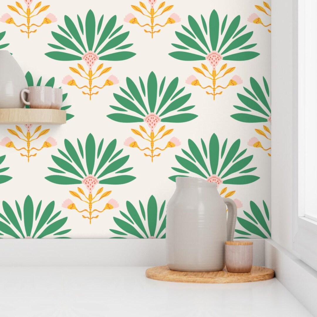 Funky Green Floral Wallpaper, Art Deco, Removable Wallpaper - Etsy