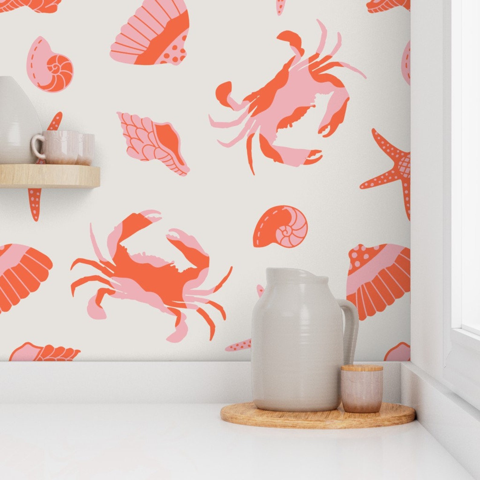 Crab Removable Wallpaper, Colorful Seaside Pattern, Coastal Decor - Etsy