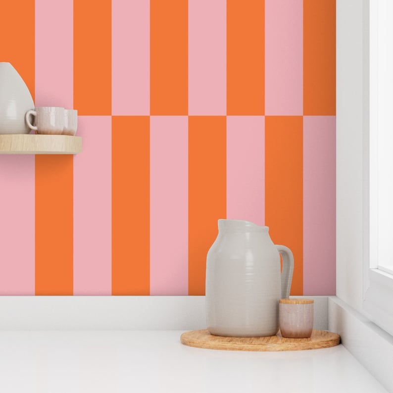 Orange and Pink Striped Removable Wallpaper, Funky Accent Decor - Etsy