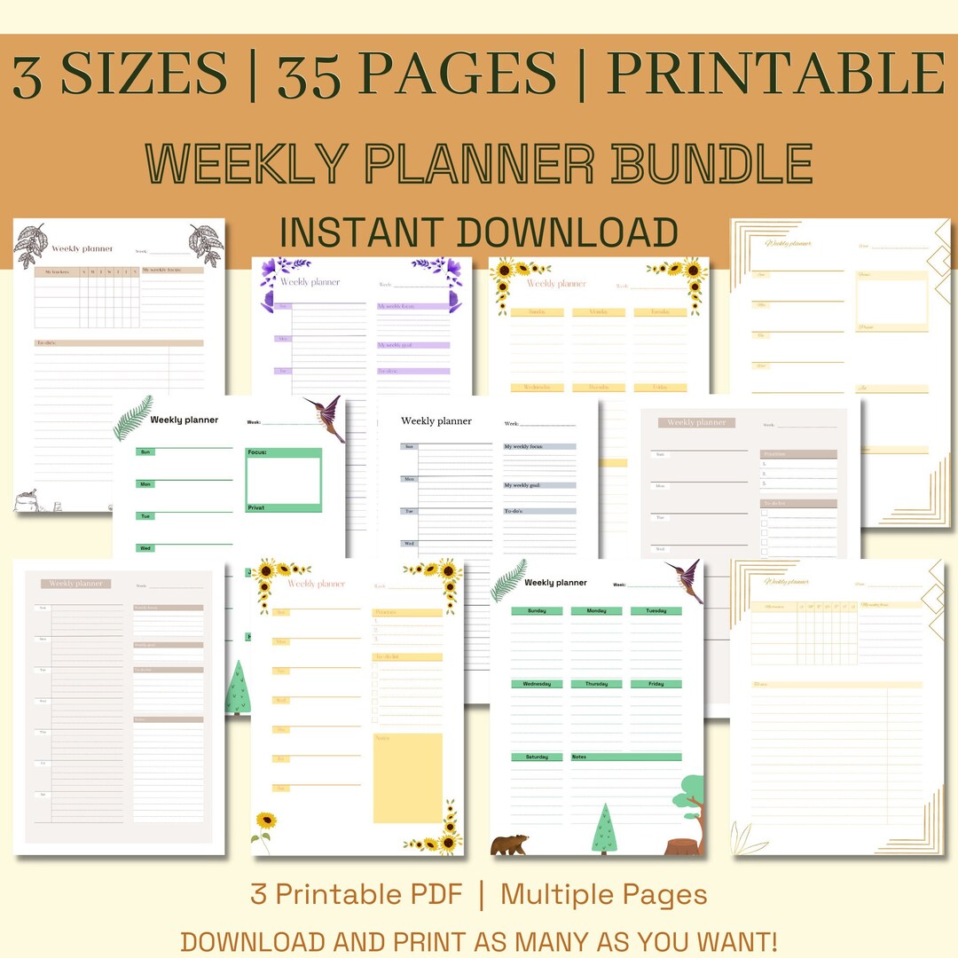 Undated Printable Weekly Planner Bundle Instant Download - Etsy