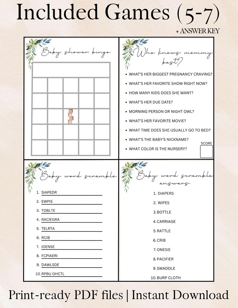 Greenery Baby Shower Bundle, Gender Neutral Baby Shower Games ...