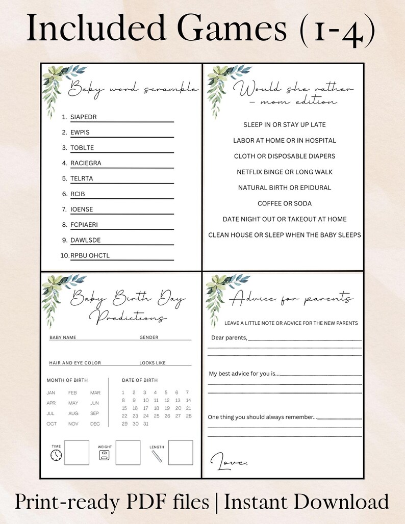 Greenery Baby Shower Bundle, Gender Neutral Baby Shower Games ...