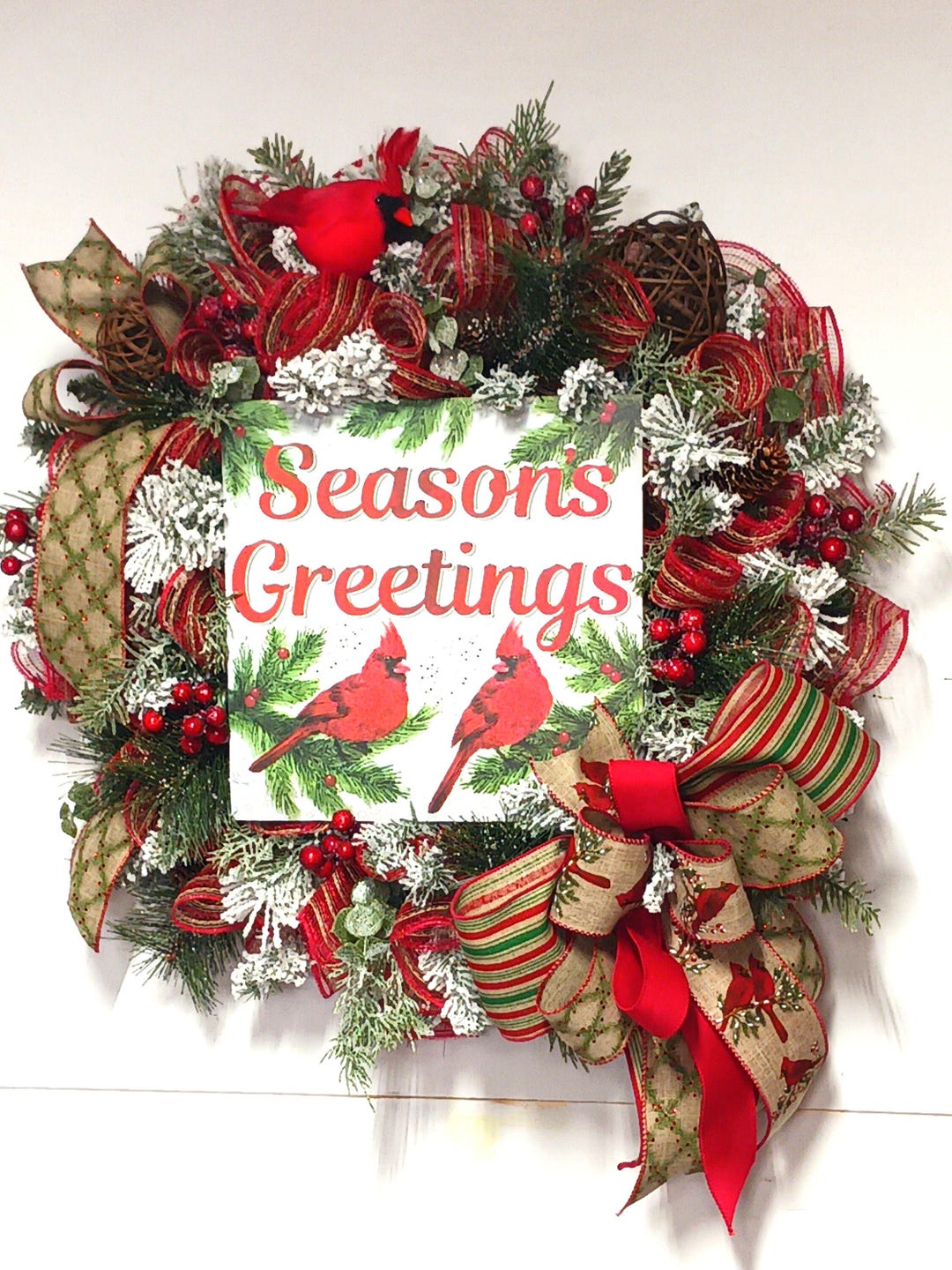 Red Cardinal Winter Wreath: Rustic Season's Greetings Front Door Decor ...