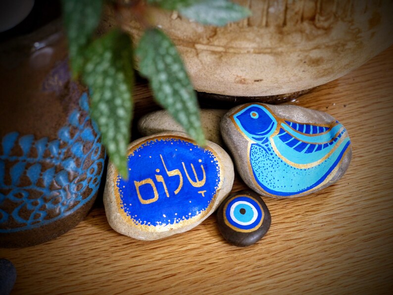 Shalom – Peace Dove | Handmade Painted Stone | Evil Eye Protection ...