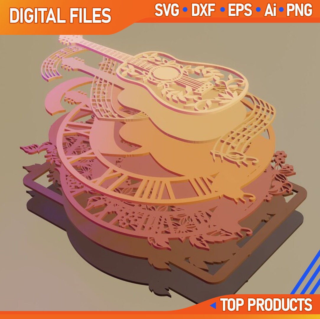 Layered Guitar Clock SVG: Floral DIY Laser Cut File - Etsy