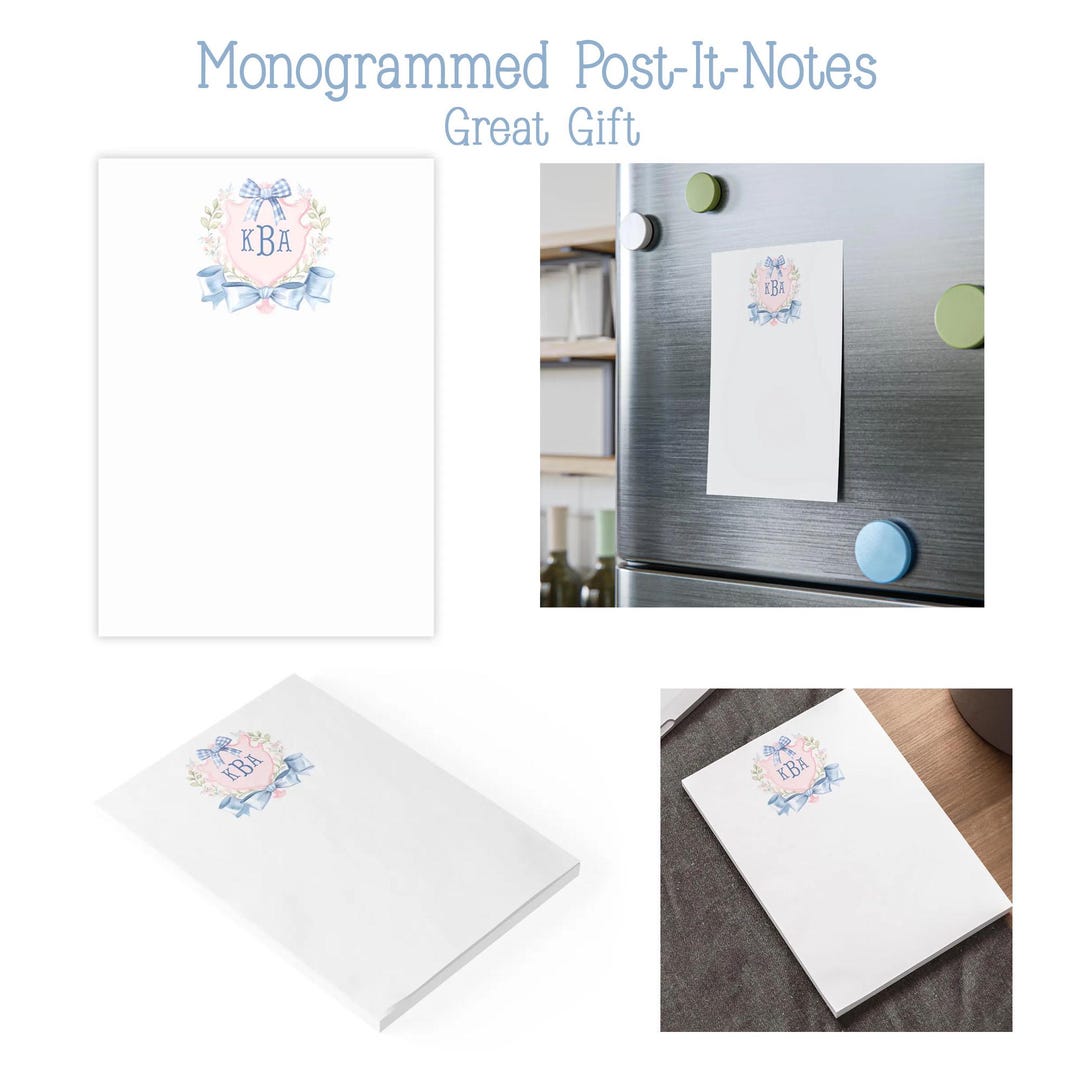 Personalized Pink Crest Post-it Note Pad: Preppy Blue Bow Stationery - Etsy