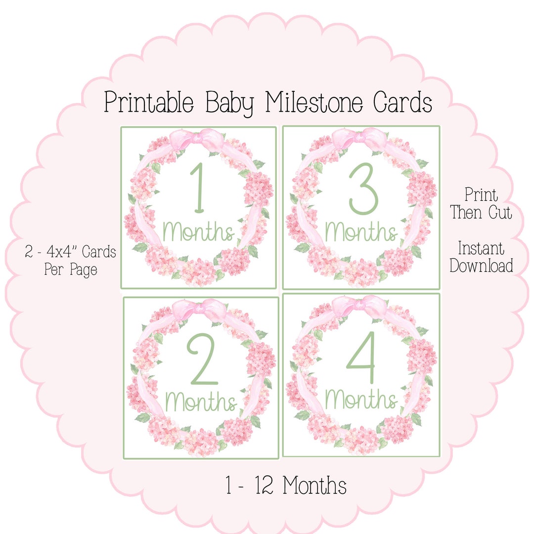 Printable Baby Milestone Cards, Girl Milestones, Pink Hydrangea Cards ...
