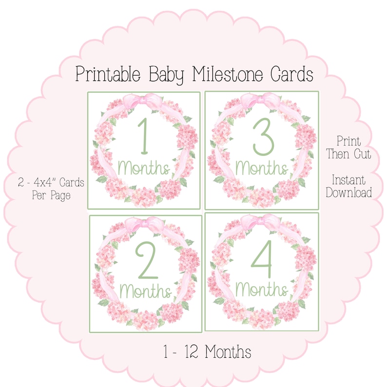 Printable Baby Milestone Cards, Girl Milestones, Pink Hydrangea Cards ...