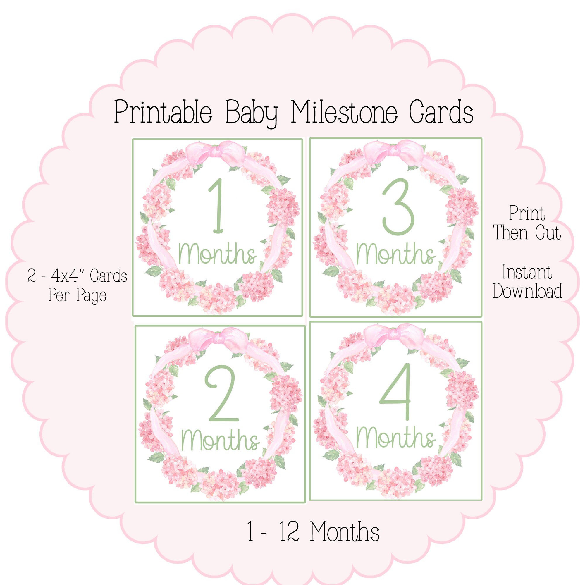 Printable Baby Milestone Cards, Girl Milestones, Pink Hydrangea Cards ...