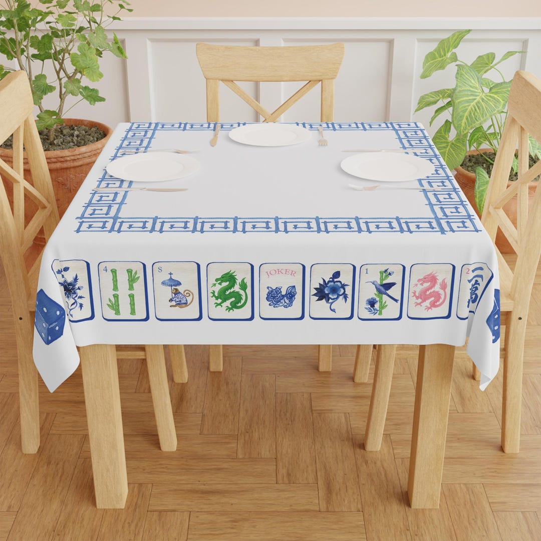 Chinoiserie Mahjong Tablecloth, Blue Game Night Table Cover, Mahjong ...