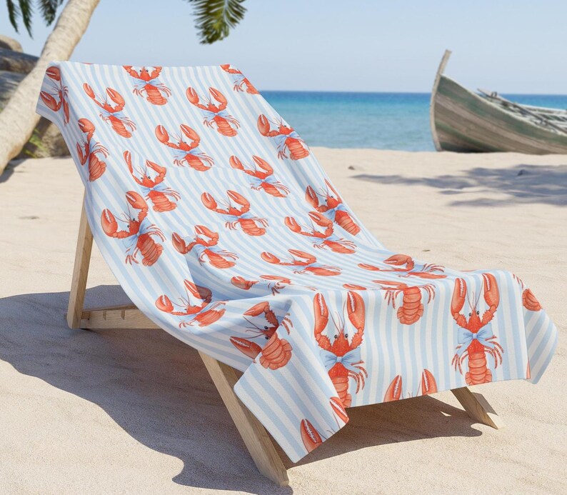 Beach Towel, Lobster With Bow Coquette Preppy Blue Stripe Coastal ...