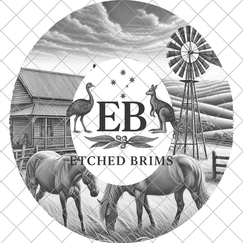 Hat Burning Design, Windmill and Horses, Outback Homestead, Laser ...