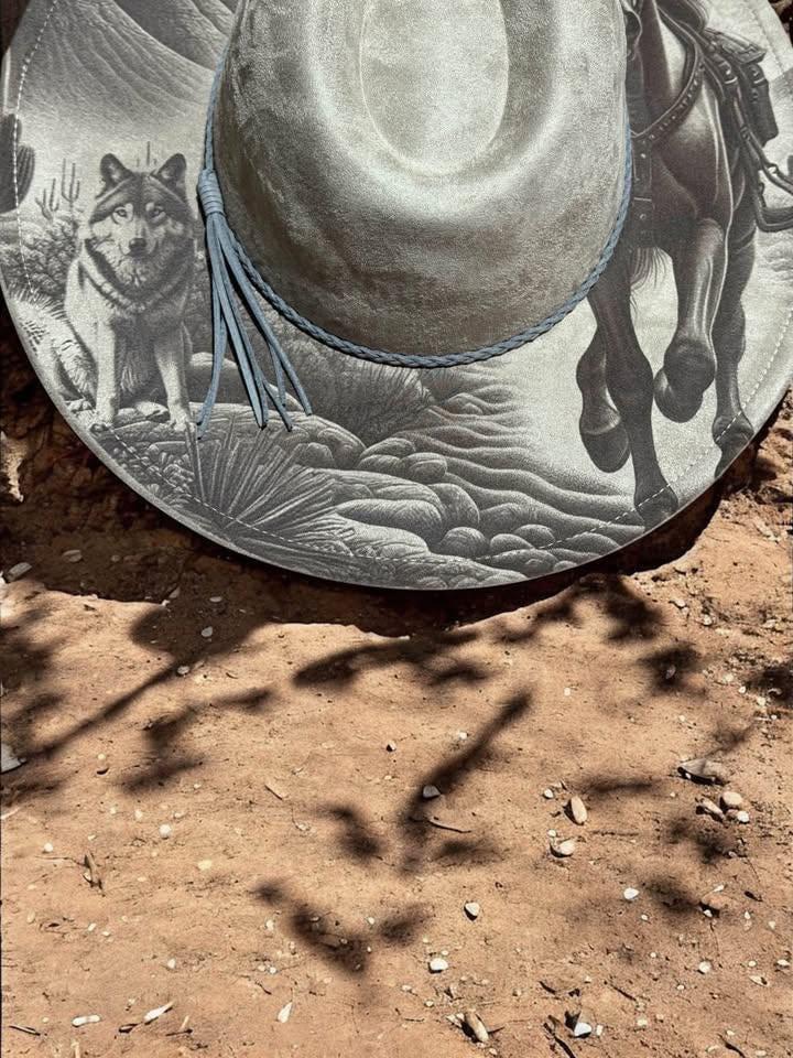 The Desert Spirit – Laser Engraved Horse & Wolf Brim Hat, Wide Brim Hat ...