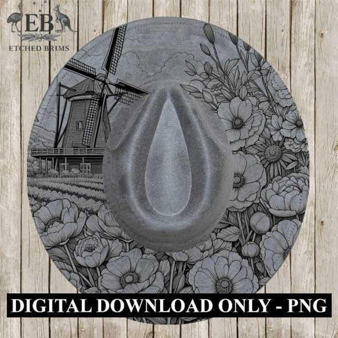 Windmill & Wildflowers, Hat Engraving, PNG, PDF, Hat Burning Design ...