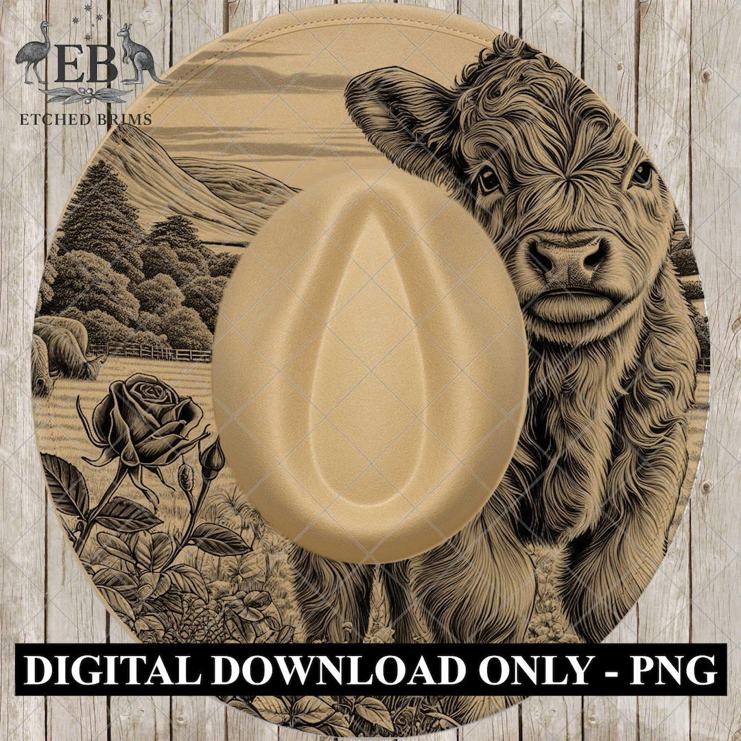 Highland Cow & Roses, Hat Burning Design, Burned Hat PNG, Pyrography ...