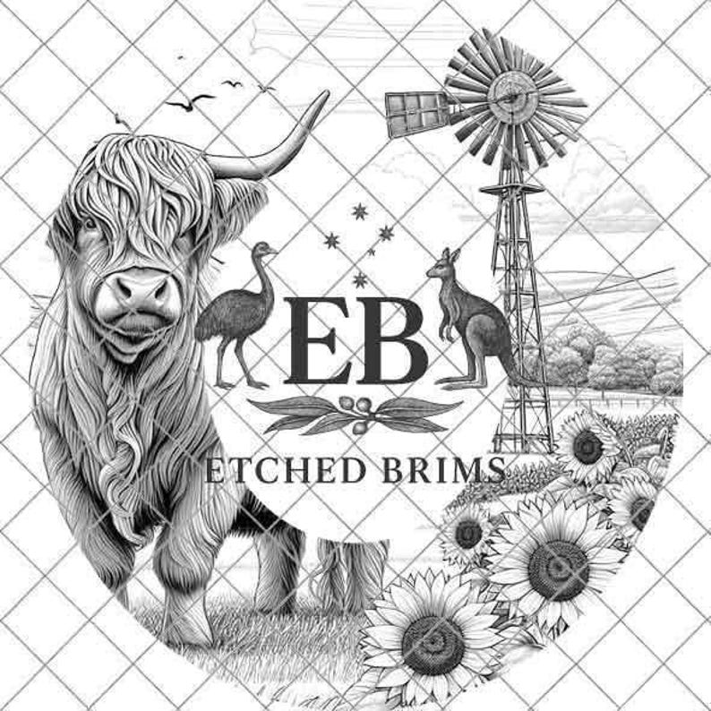 Highland Cow & Windmill Hat Design 1, Rustic Farmhouse Sunflower Brim ...