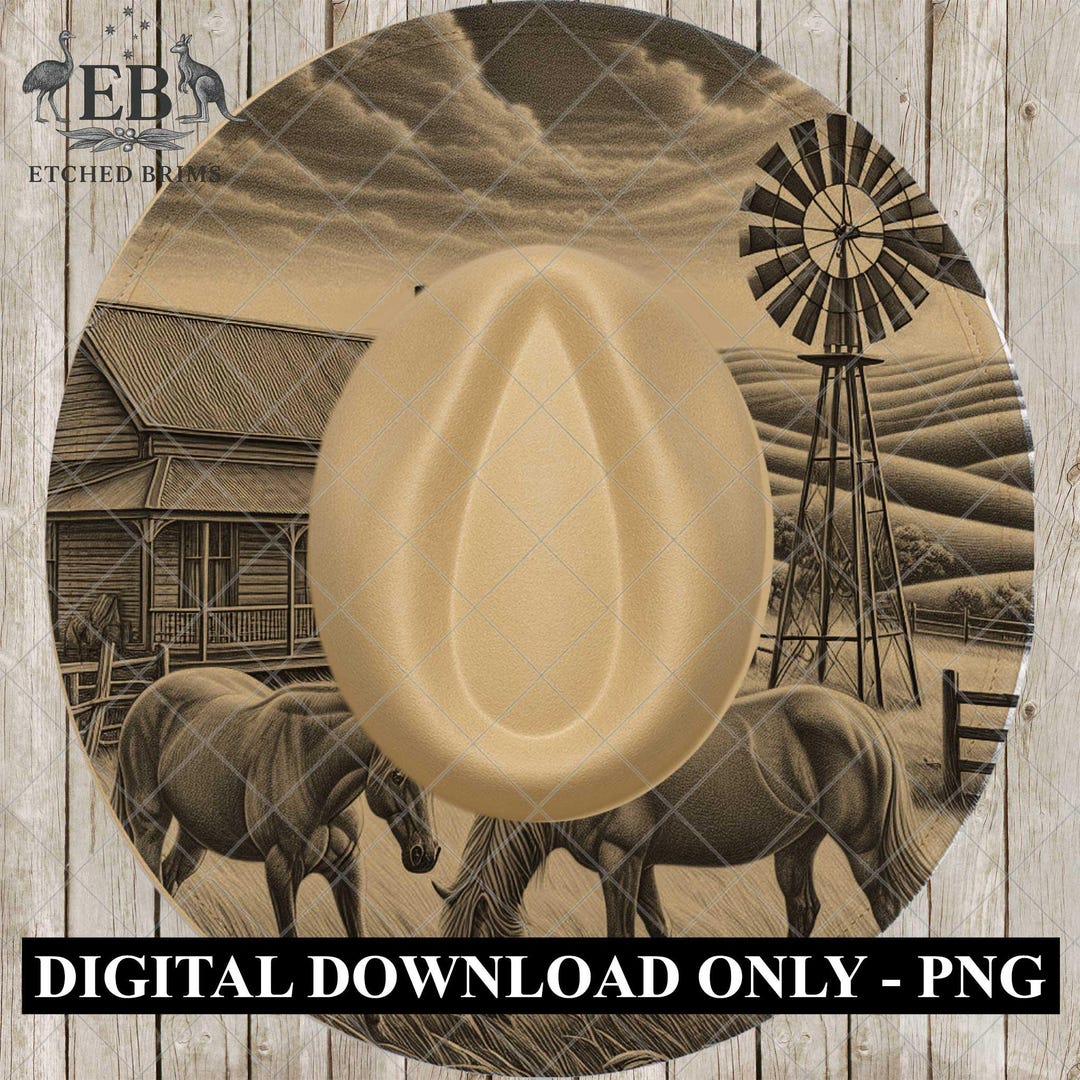 Hat Burning Design, Windmill and Horses, Outback Homestead, Laser ...