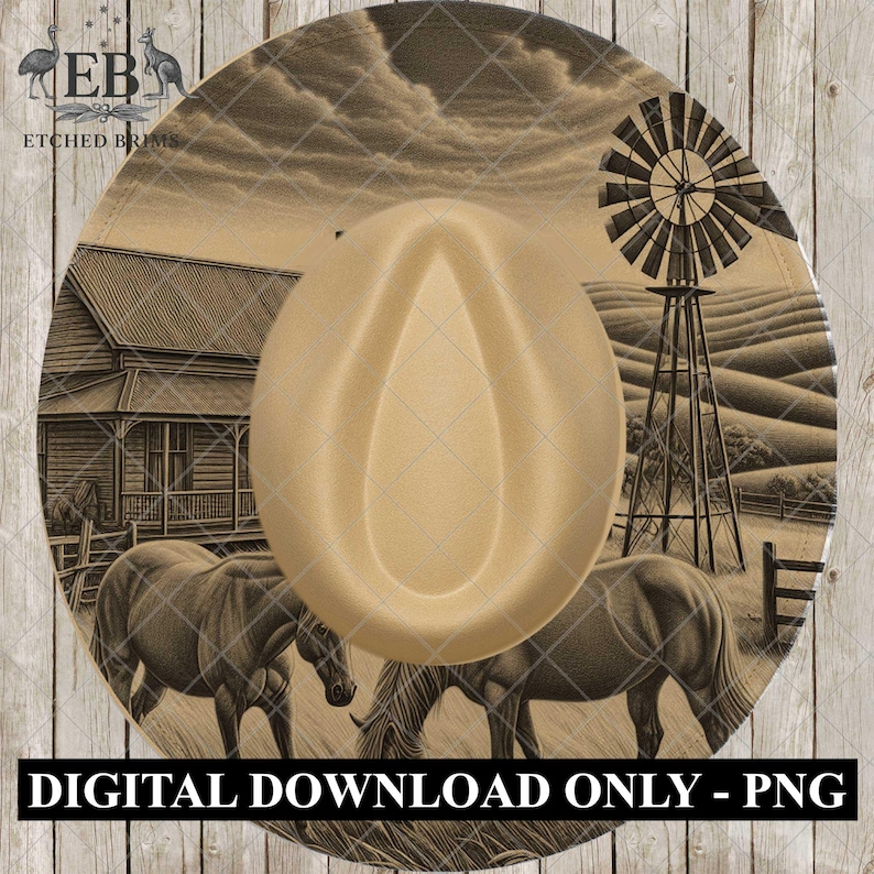 Hat Burning Design, Windmill and Horses, Outback Homestead, Laser ...