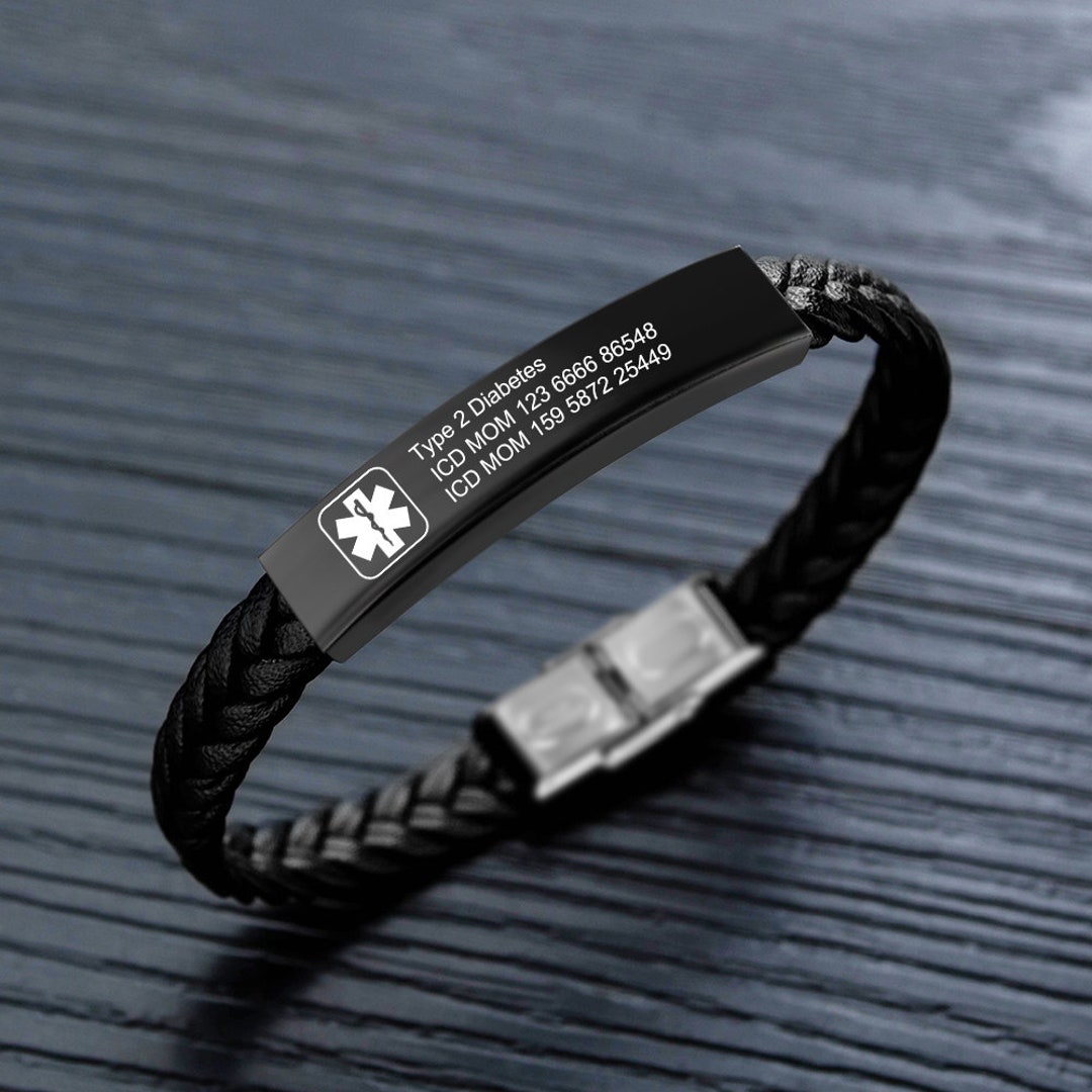Personalized Leather Medical Alert Bracelet Custom Engraved Leather ...
