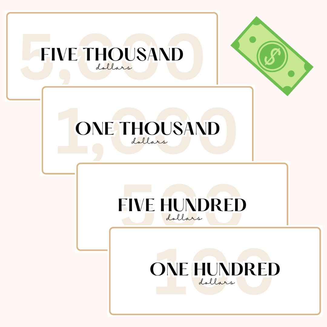 Printable Cash Stuffing Place Holder Money Slips for 100 Dollars, 500 ...