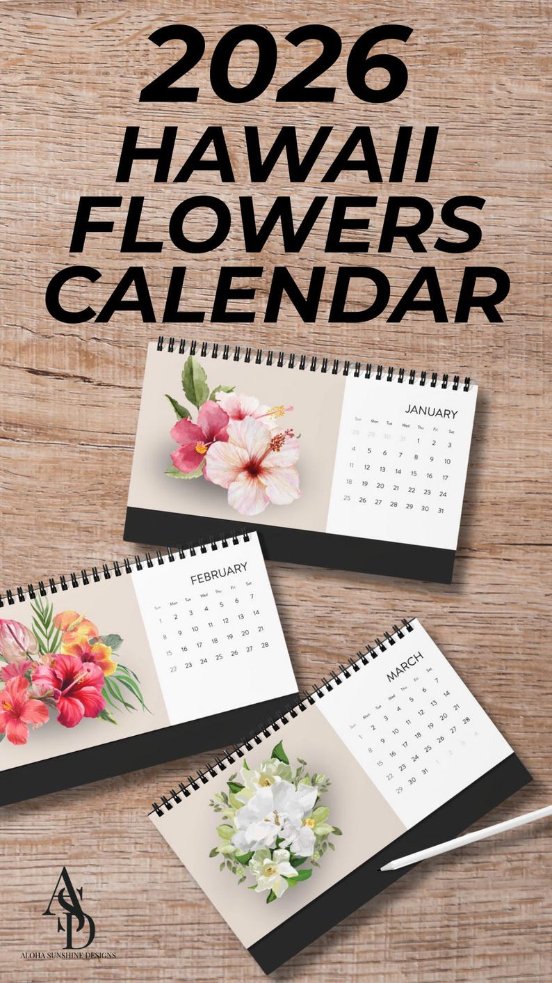 Hawaiian Desk Calendar 2026, Tropical Flowers Monthly Flip Calendar ...