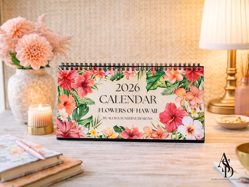 Hawaiian Desk Calendar 2026, Tropical Flowers Monthly Flip Calendar ...