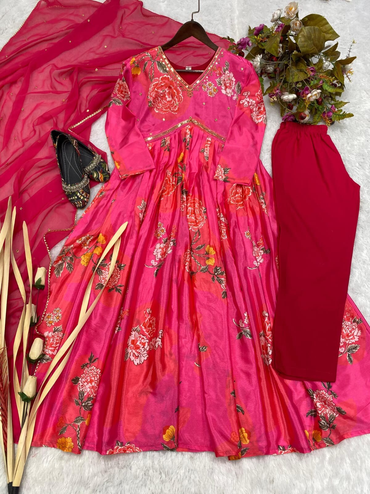 Beautiful Aliya Cut Suit Silk and Chinon Fabric Gown Pant and Dupatta ...