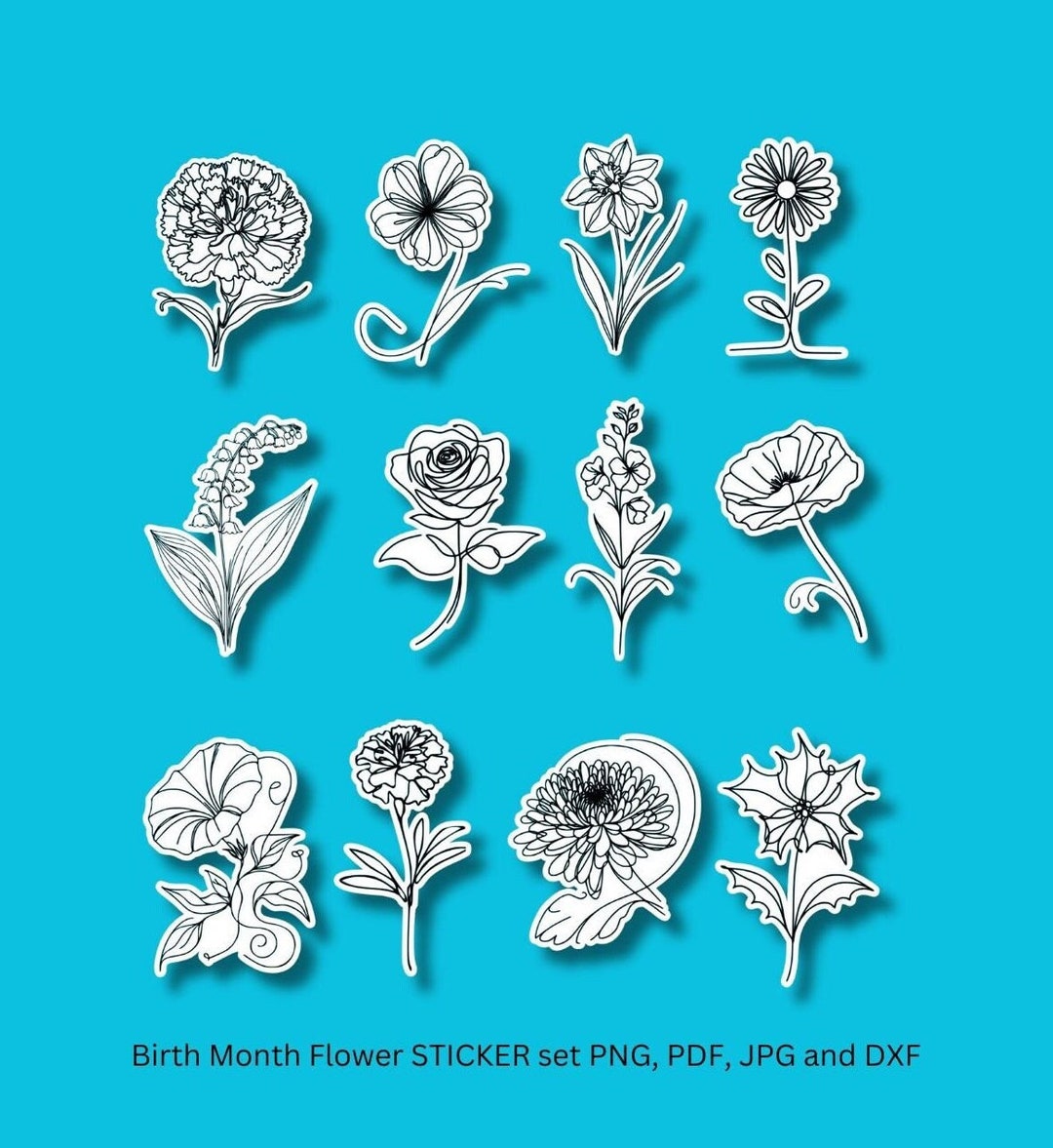 Birth Month Flower Stickers, Floral Lineart, Birth Month Stickers for ...