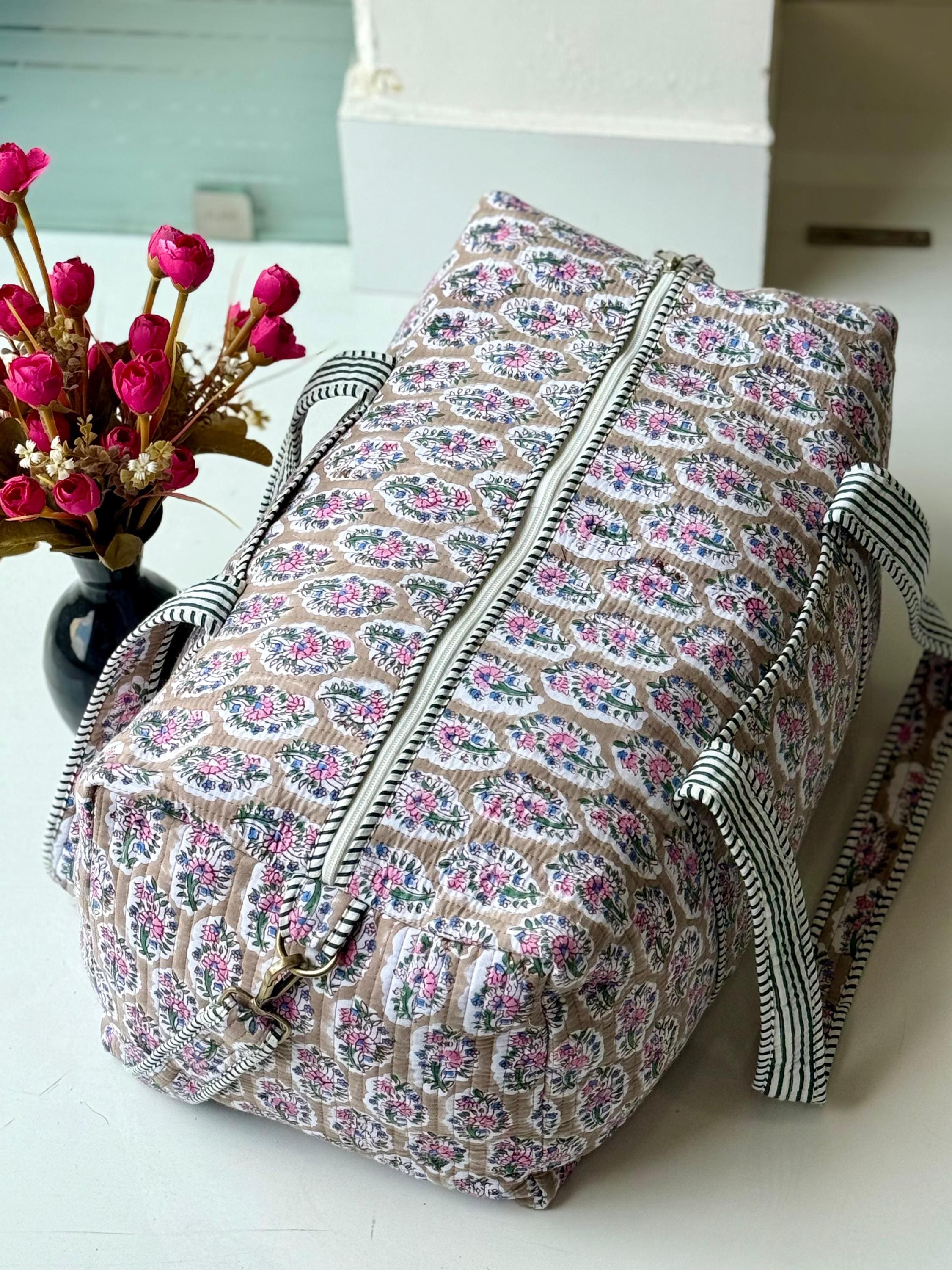 Hand Block Print Cotton Duffle, Women's Weekender Bag, Quilted Boho ...