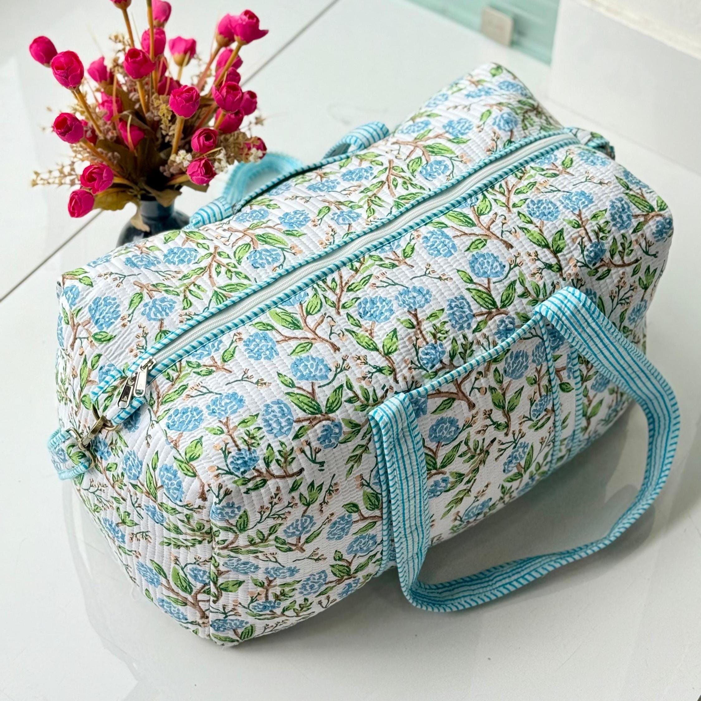 Hand Block Print Cotton Duffle, Women's Weekender Bag, Quilted Boho ...