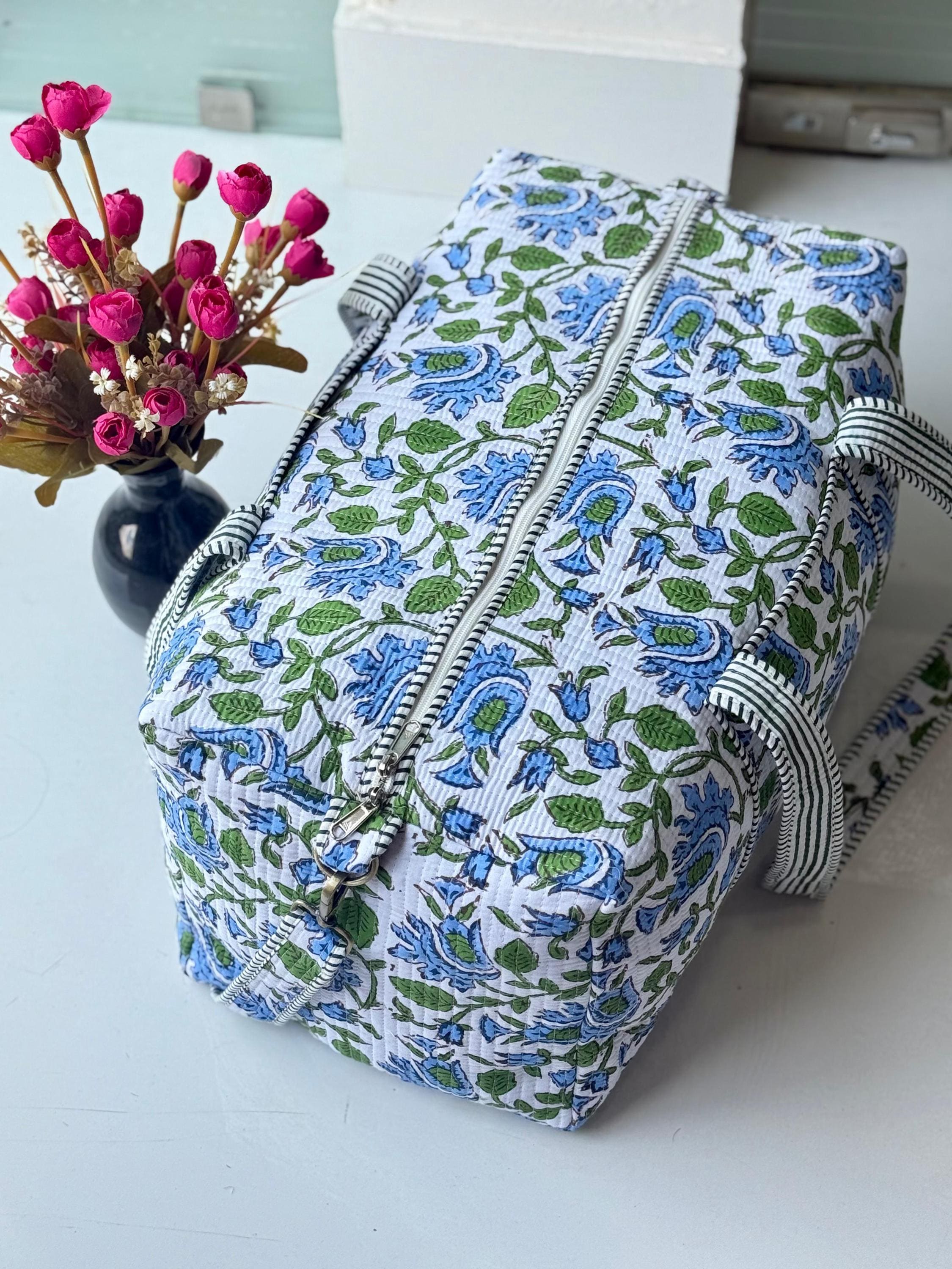 Hand Block Print Cotton Duffle, Women's Weekender Bag, Quilted Boho ...