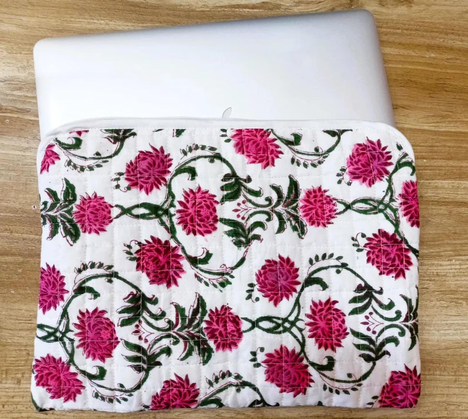 Block Print Floral Laptop Bag, Boho Cotton Quilted Computer Cover ...